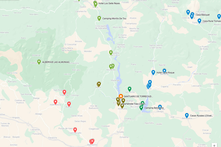 Map of accommodations near Torreciudad - Santuario de Torreciudad